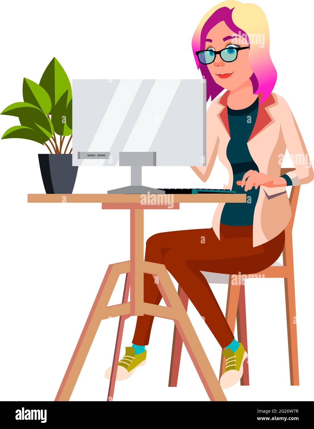 motivated young lady checking e-mails on personal computer at work ...