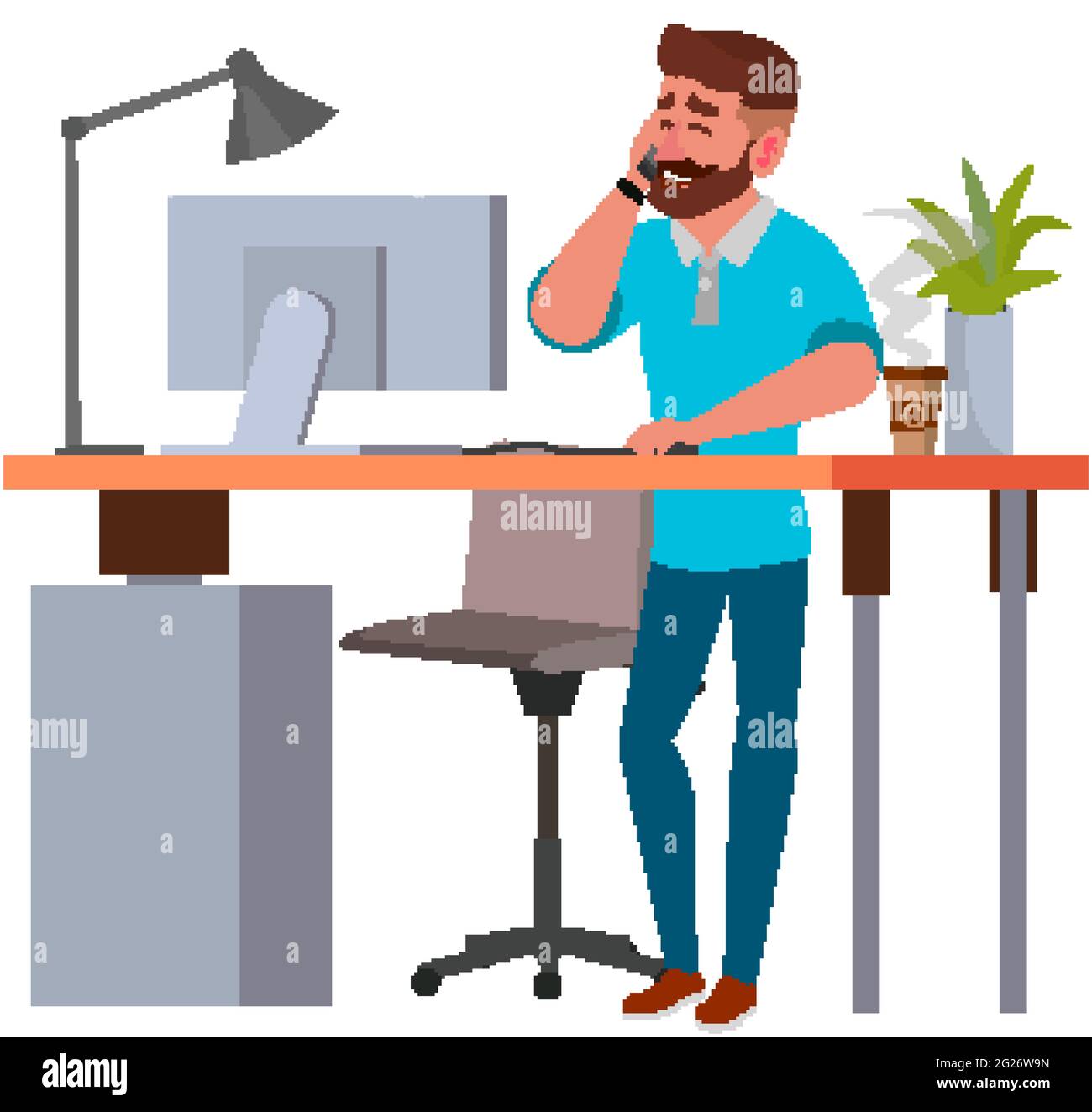 bearded man talking with client on phone and checking order on computer ...