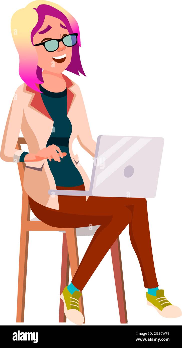 cute woman discussing with friend through video calling cartoon vector ...