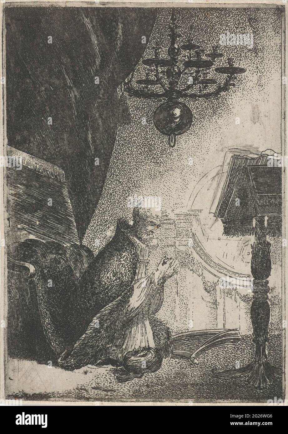 David in prayer. King David prays in a room to God. Next to him are his ...