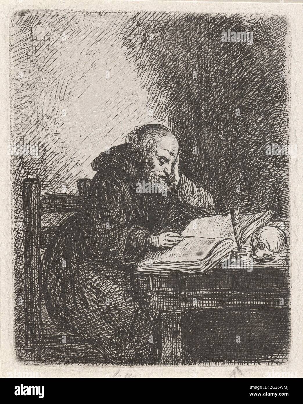 Reading monk. In a room there is a monk to read a book at the table. On ...