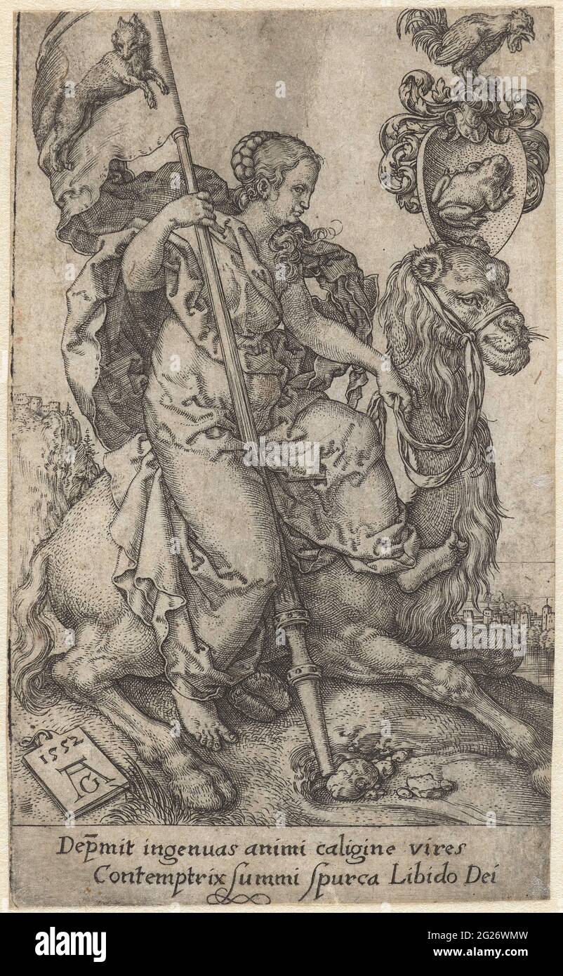 Lust; Seven deadly sins. Personification of the lust. Woman sitting on ...