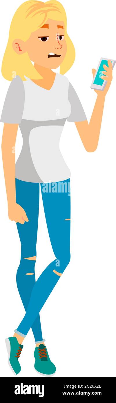 annoyed blond woman reading boring message on phone cartoon vector ...