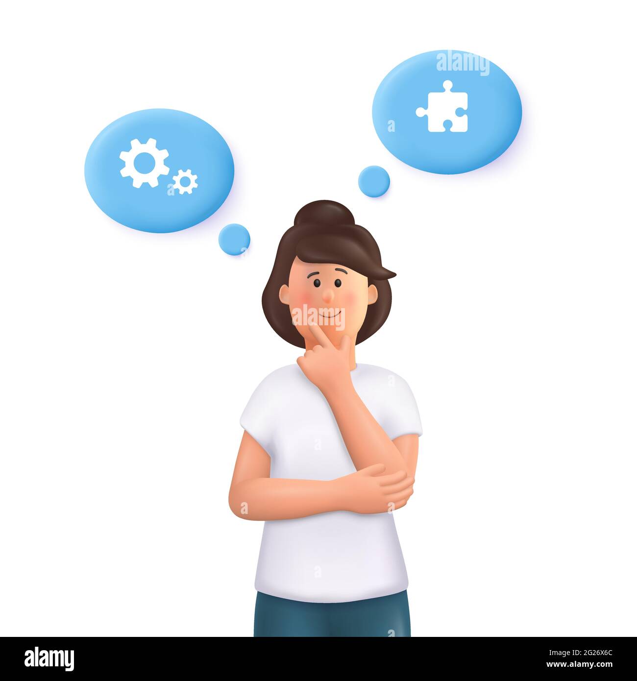 Young woman Jane thinking, searching idea, trying to find a solution ...