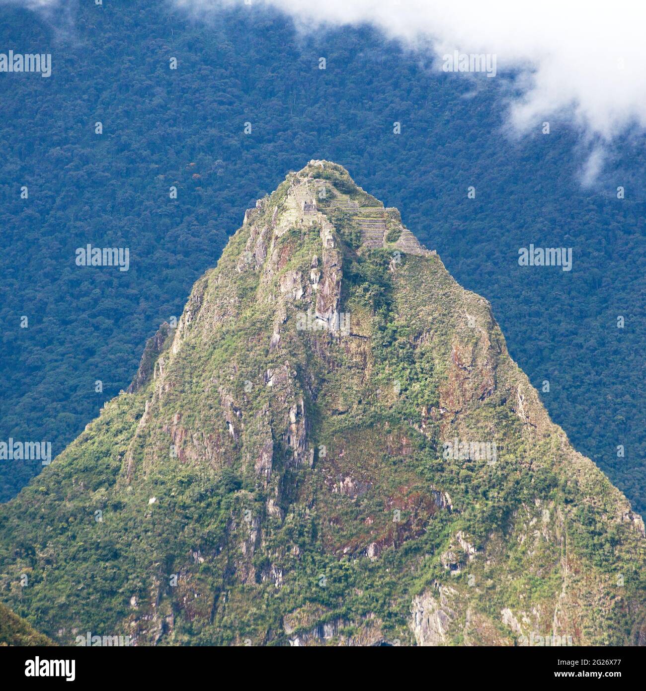 Mount Huayna Picchu and temple, Machu Picchu inca town seen from start ...