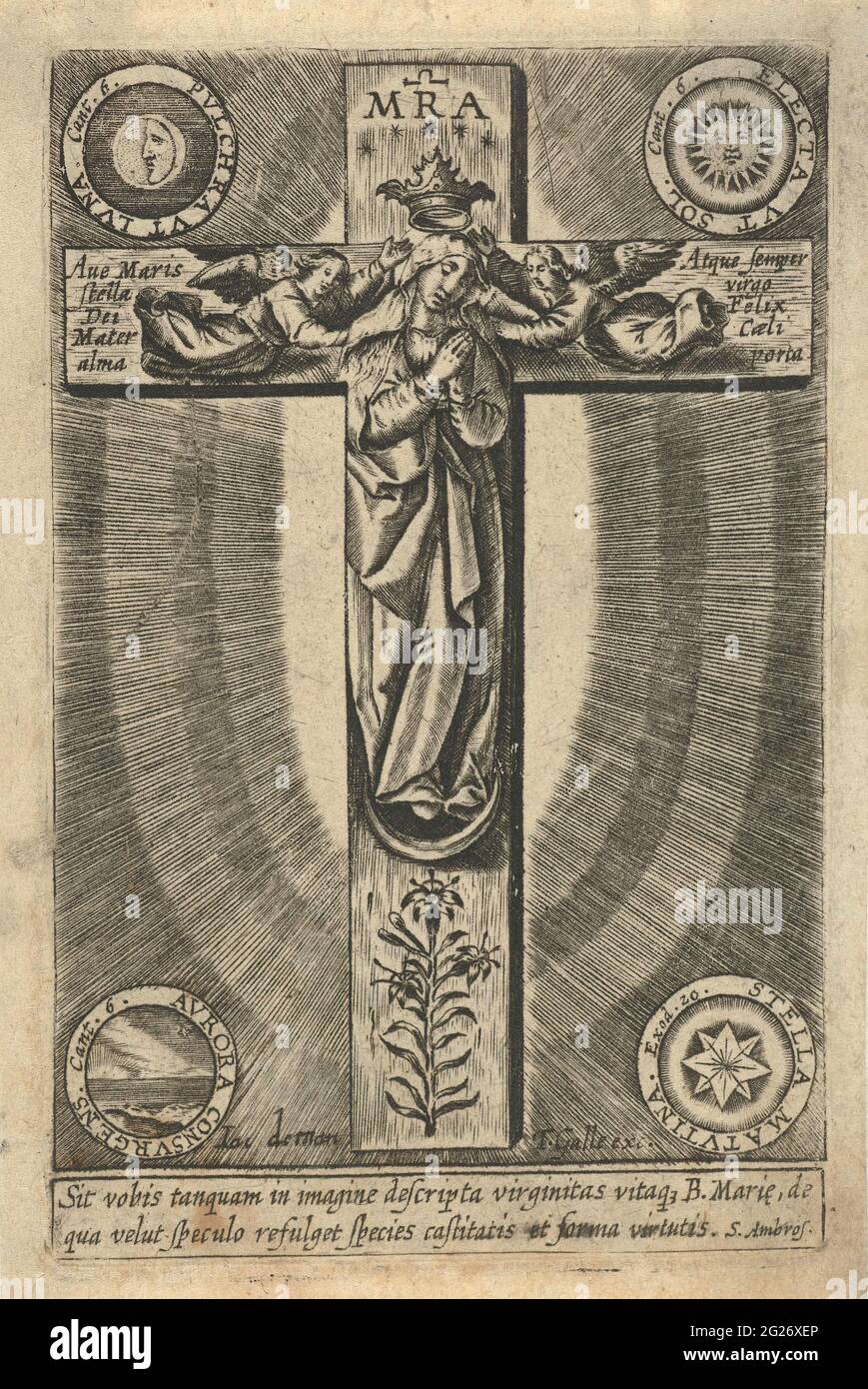 Maria standing on the crescent chop against a cross. Maria with folded ...