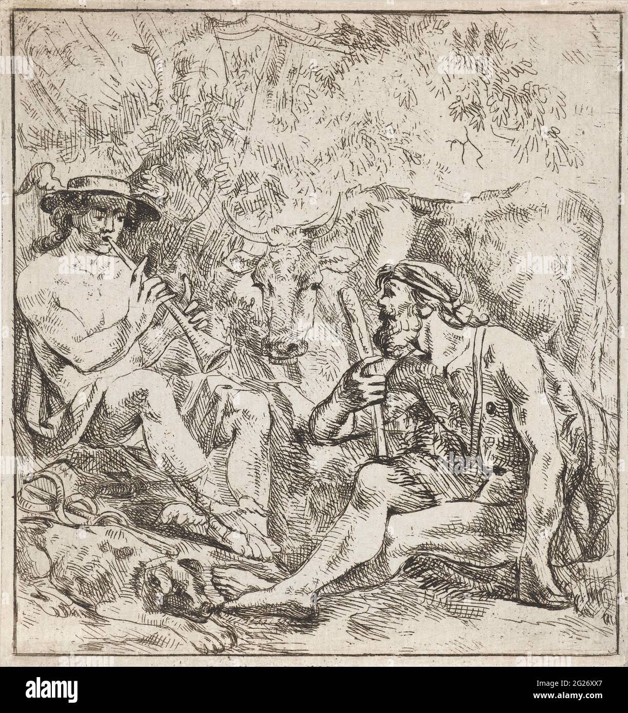 Mercury, Argus and Io. Under a tree, Mercury plays his shepherd flute ...