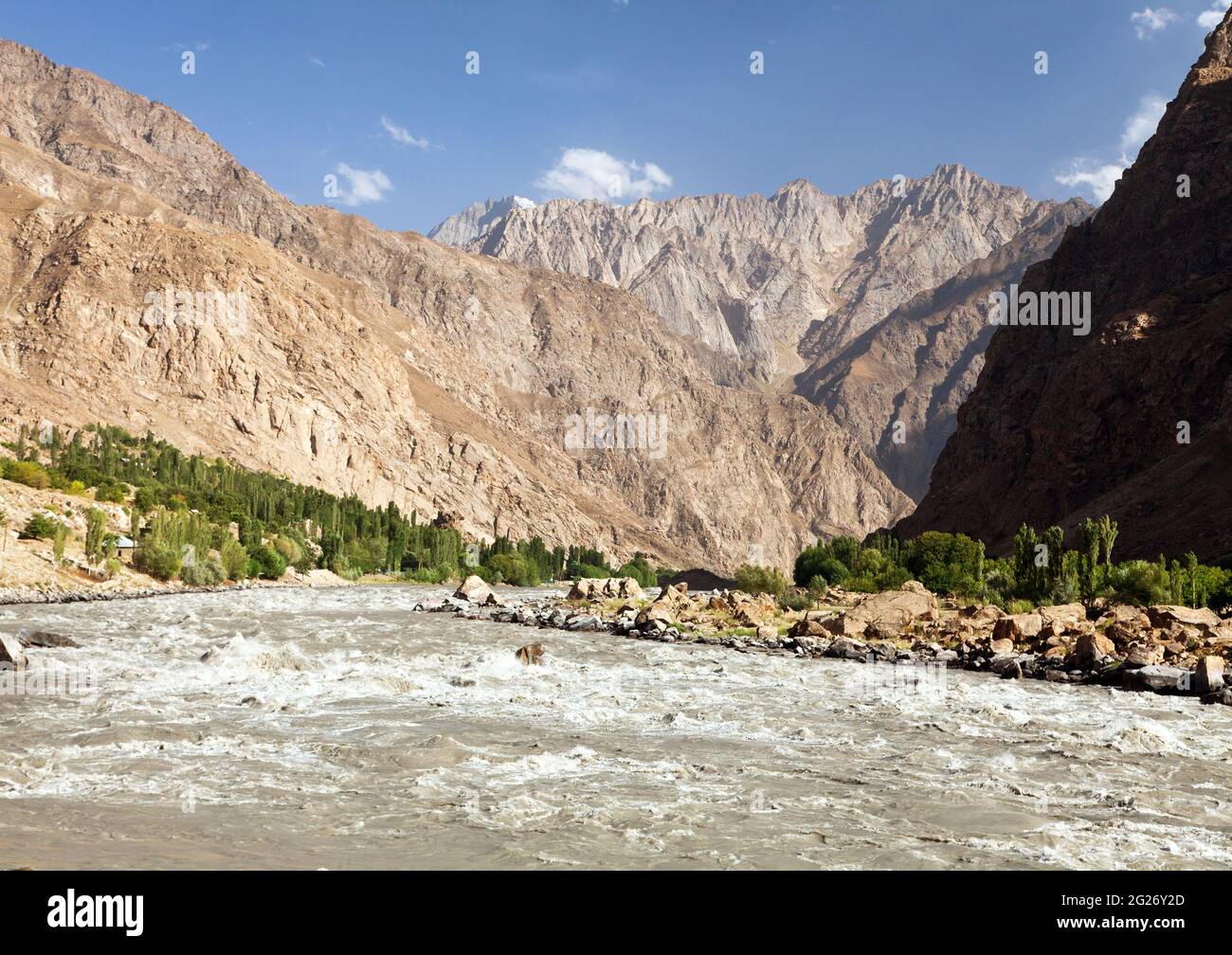 Panj river and Pamir mountains, Panj is upper part of Amu Darya river ...