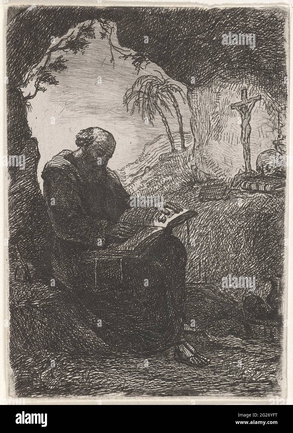 Monk in a cave. A monk is at the entrance to a cave to read a book. For ...