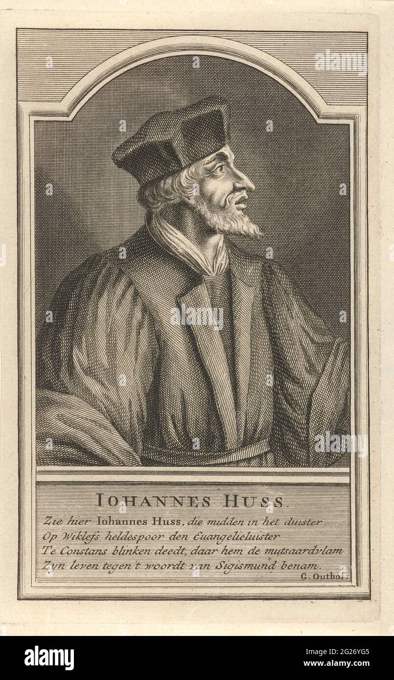 Portrait of Johannes Hus. Portrait bust to the right of Johannes Hus ...
