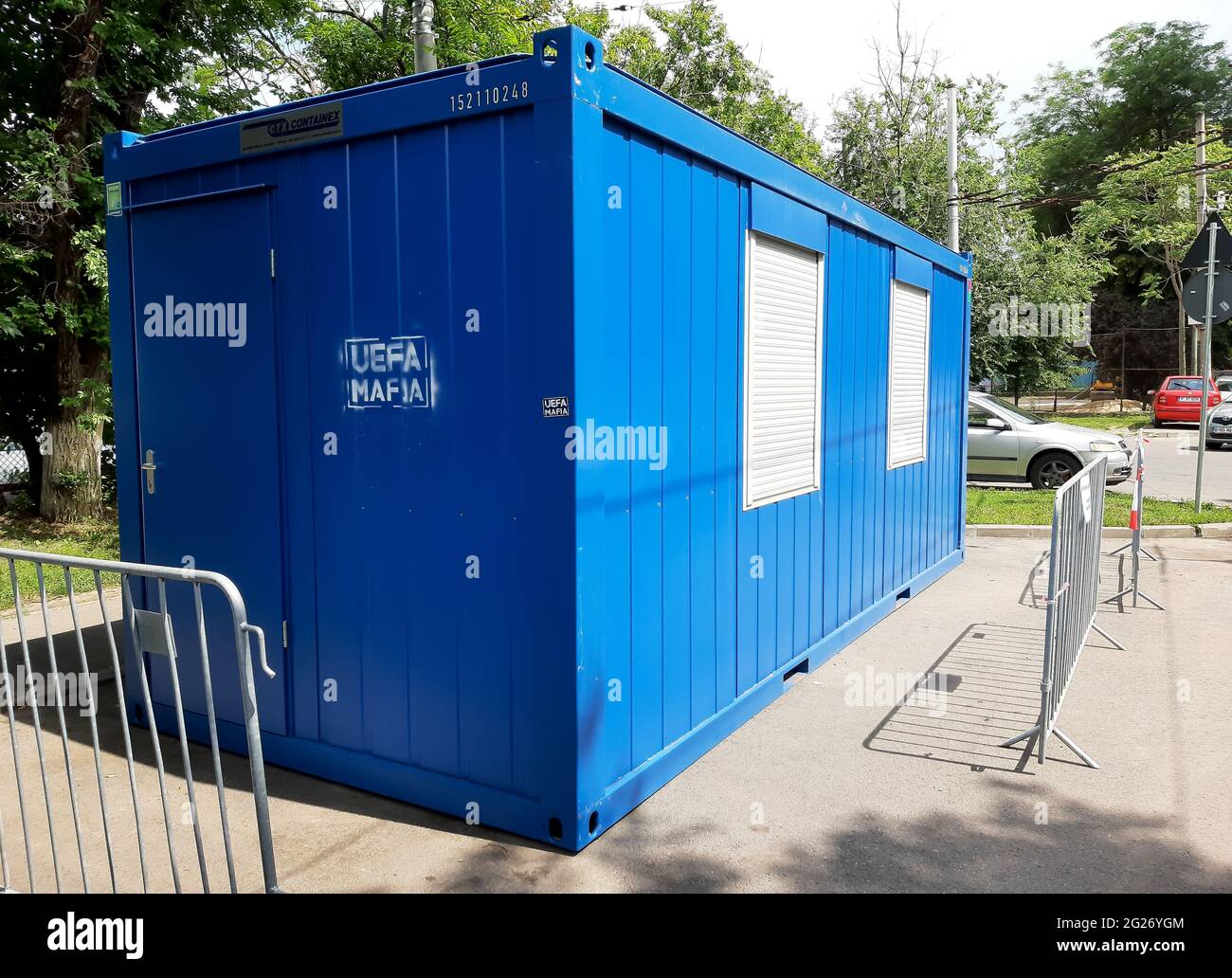 Bucharest, Romania - June 08, 2021: UEFA MAFIA message is painted on a ...