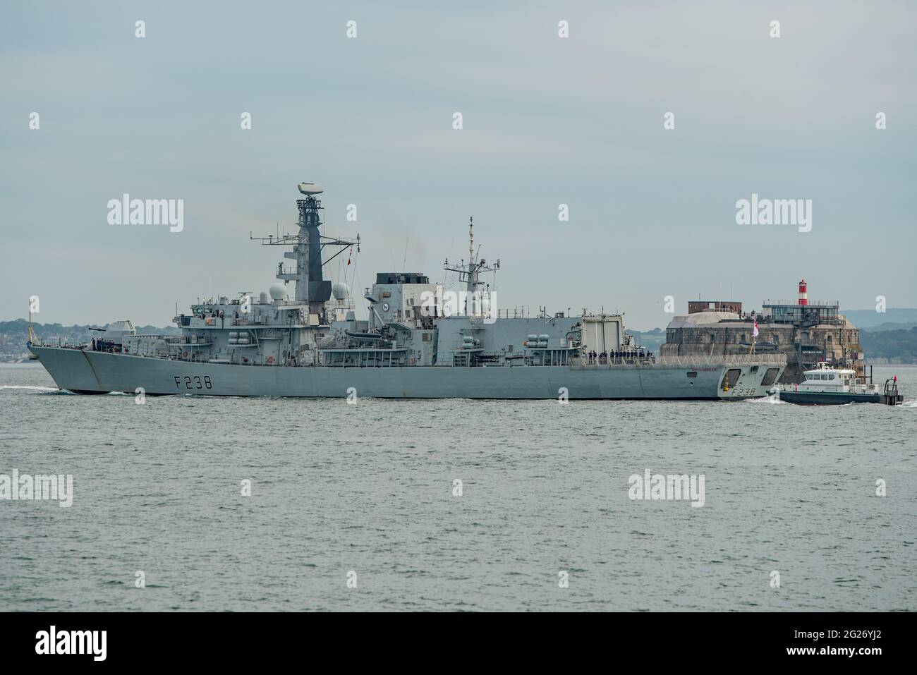 The Royal Navy frigate HMS Northumberland (F238) departing Portsmouth ...