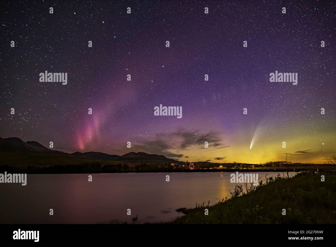 Comet NEOWISE and a STEVE arc aurora over Waterton River, Alberta ...