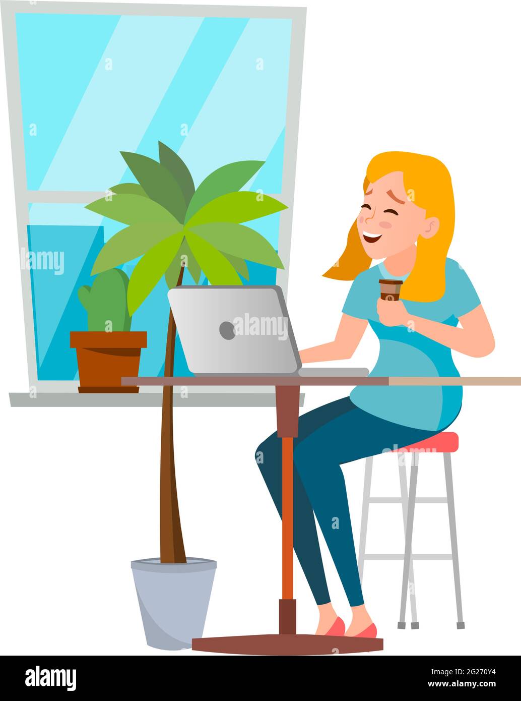 smiling young woman reading funny e-book on notebook cartoon vector ...