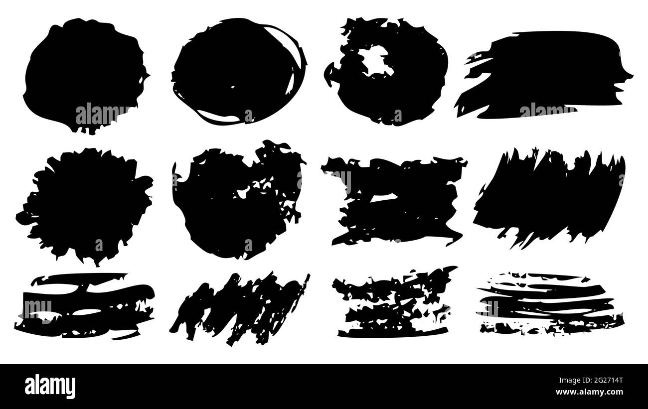 Brush strokes smear ink black stains hand drawn set. Grunge vintage ...
