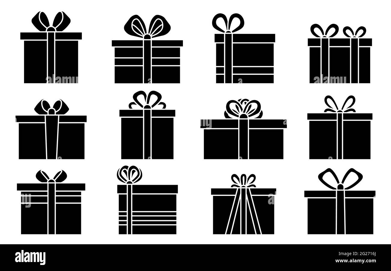 Gift present glyph vector flat line outline black set with various ...
