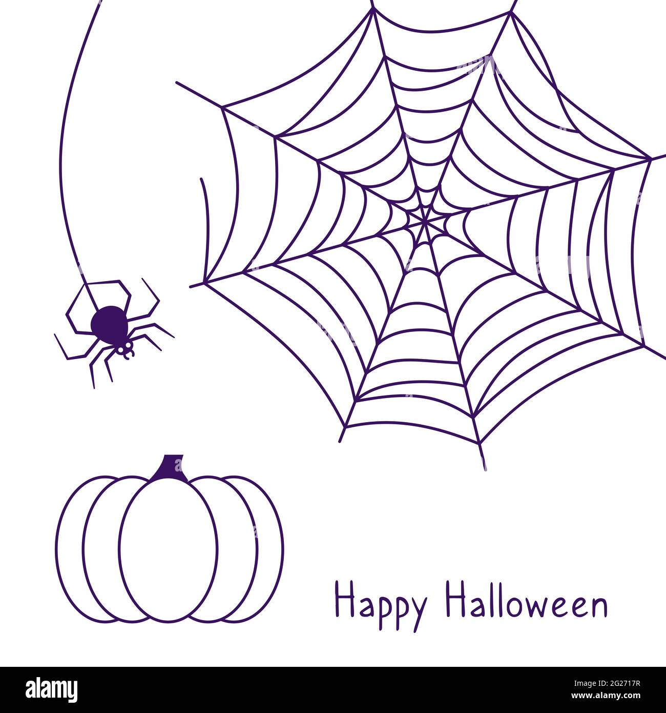 Spider web and hanging spider, festive pumpkin. Happy halloween linear ...