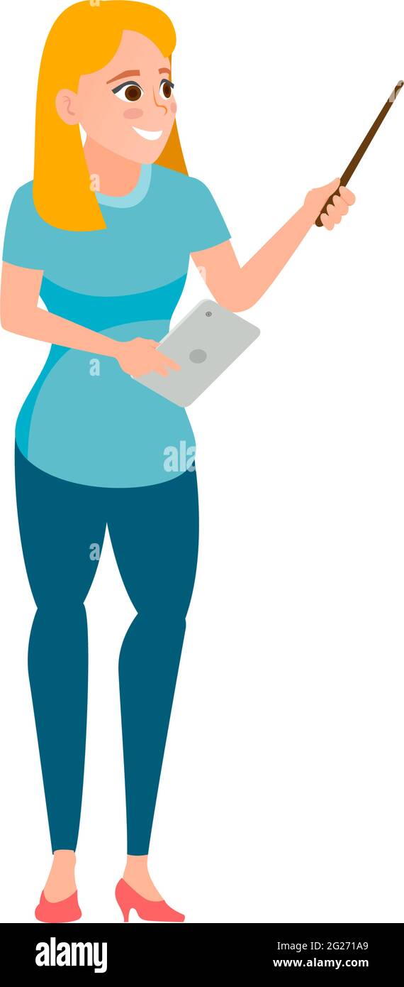 young woman teacher teaching pupils by tablet remote education cartoon ...