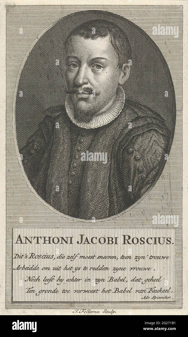 Portrait of Anthoni Jacobi Roscius. Portrait bust in oval to the left ...