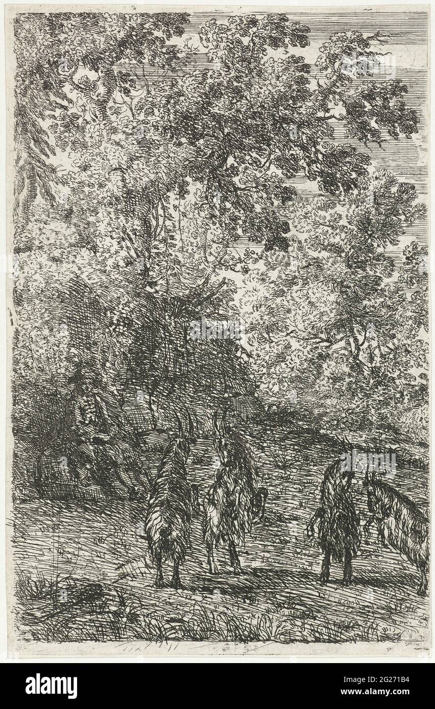 Four goats; Les Quatre Chèvres. A goat heath sitting on a stone. Four ...