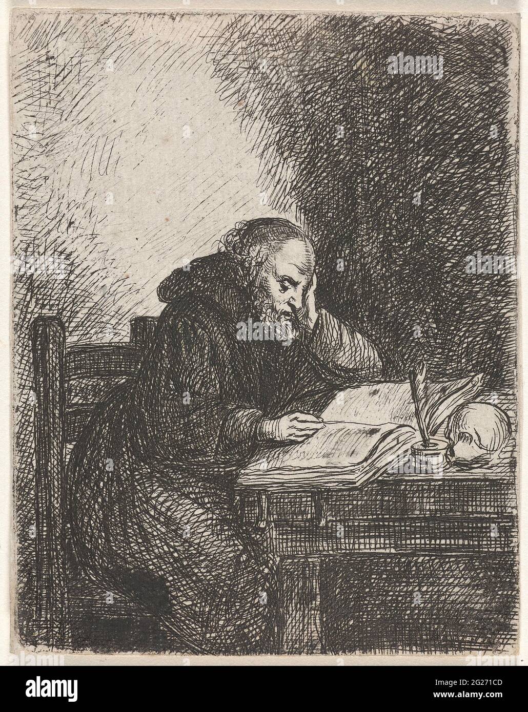 Reading monk. In a room there is a monk to read a book at the table. On ...