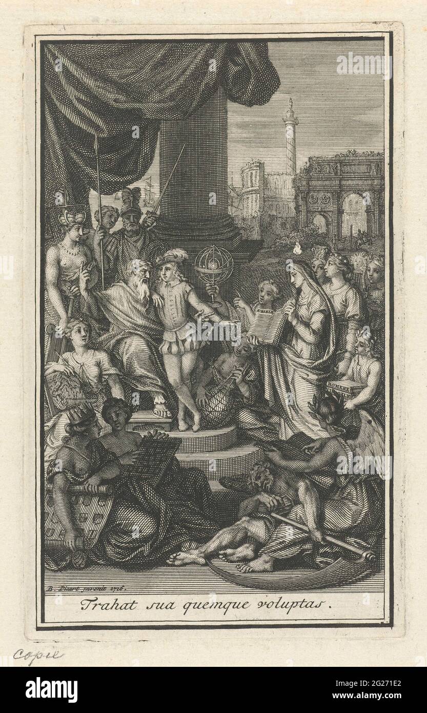 Throne man surrounded by allegorical figures; Trahat sua quemque ...