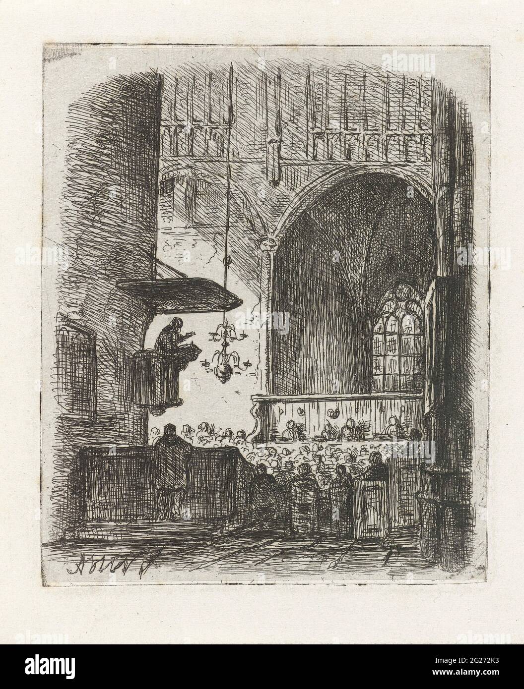 Church interior with church service. A church interior, where a ...