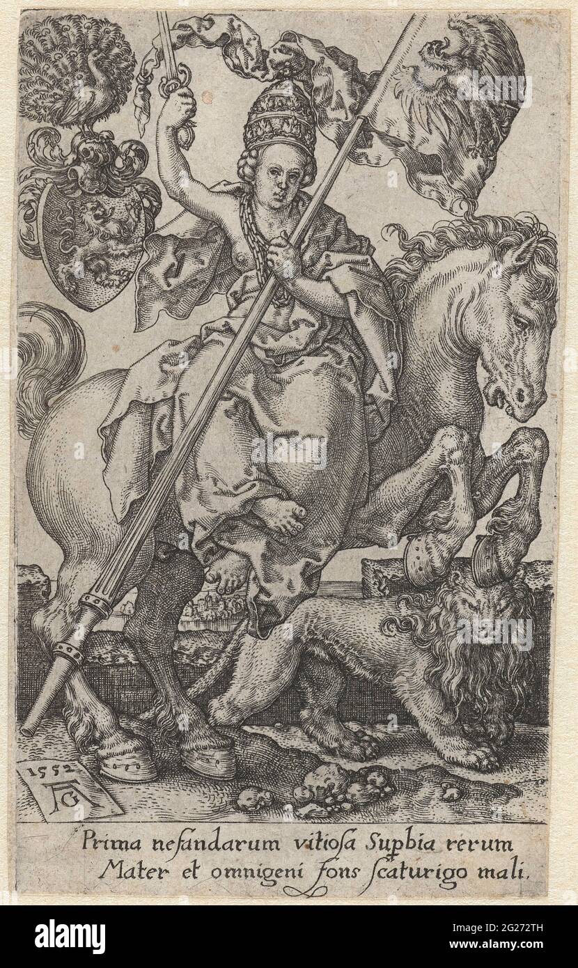 Pride; Seven deadly sins. Personification of pride. Woman on horseback ...