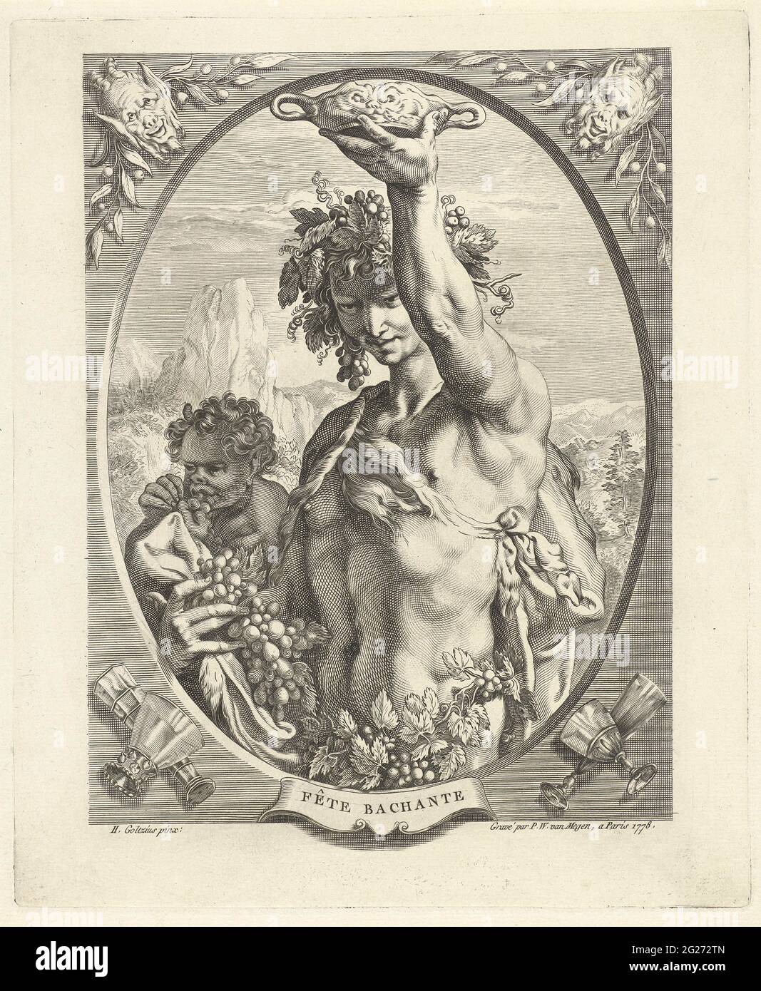 Bacchus; Fête Bachante. Bacchus has his drinking snap. He wears a crown ...