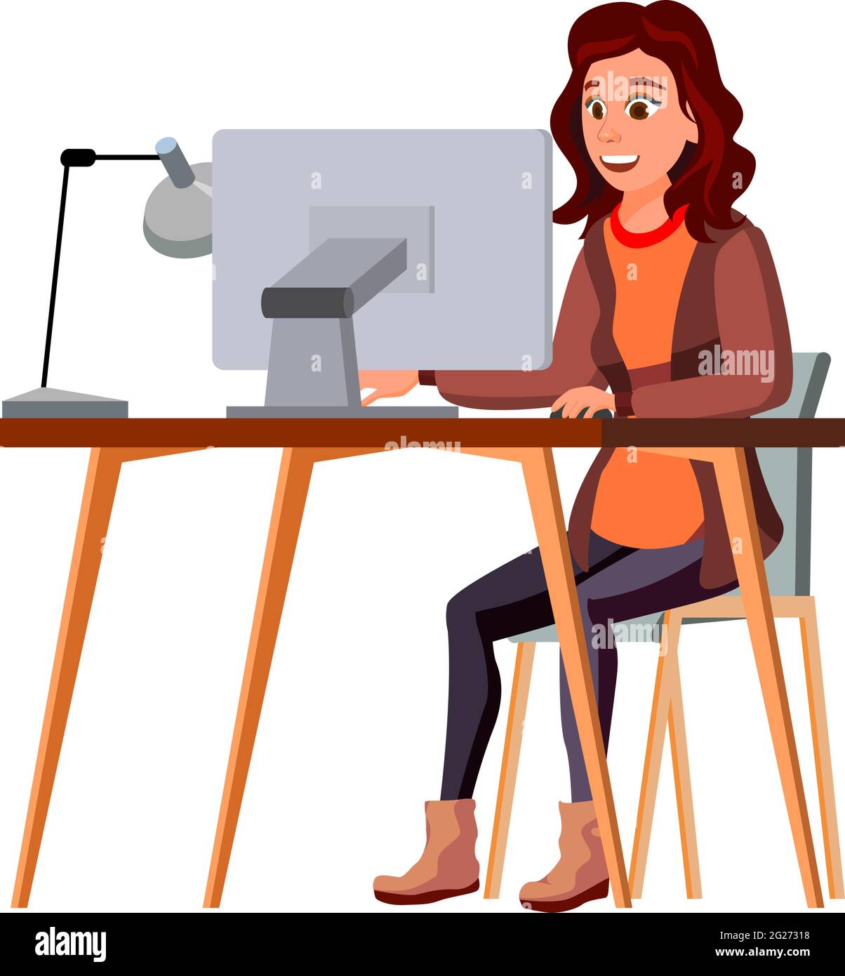 caucasian lady making learning schedule on computer cartoon vector ...