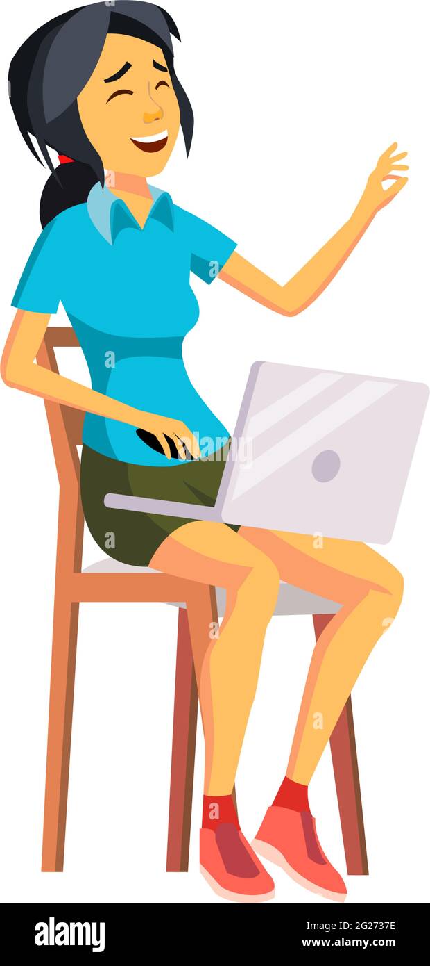 happiness asian lady watching comedy film on notebook cartoon vector ...