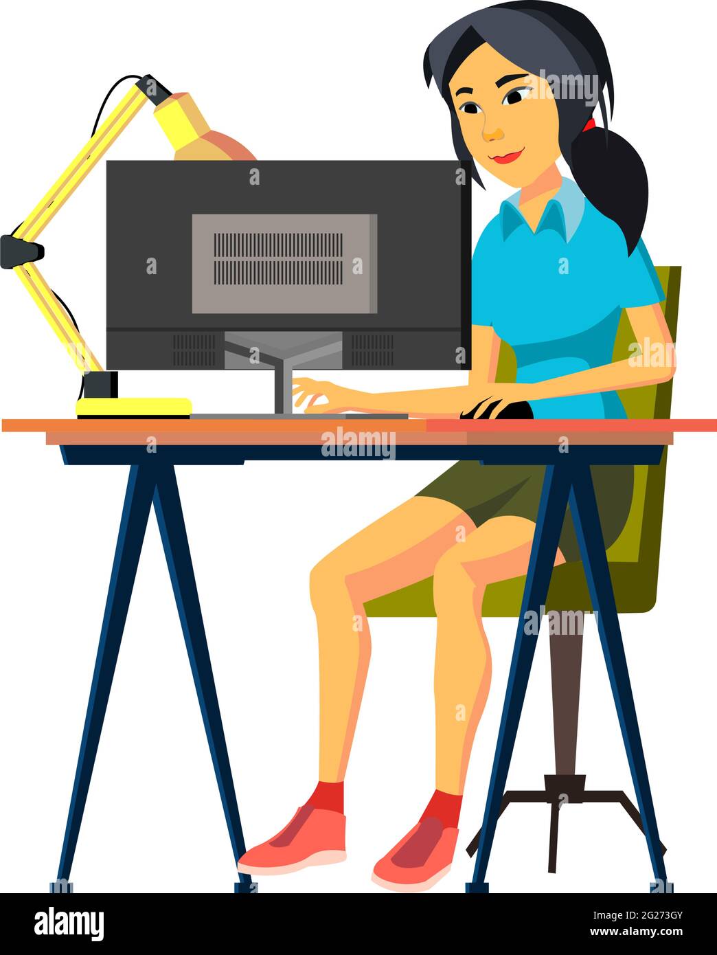 japanese girl studying on computer at night cartoon vector Stock Vector ...