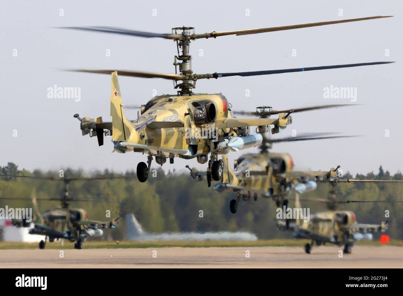 Ka-52 Alligator attack helicopters of the Russian Air Force taking off ...