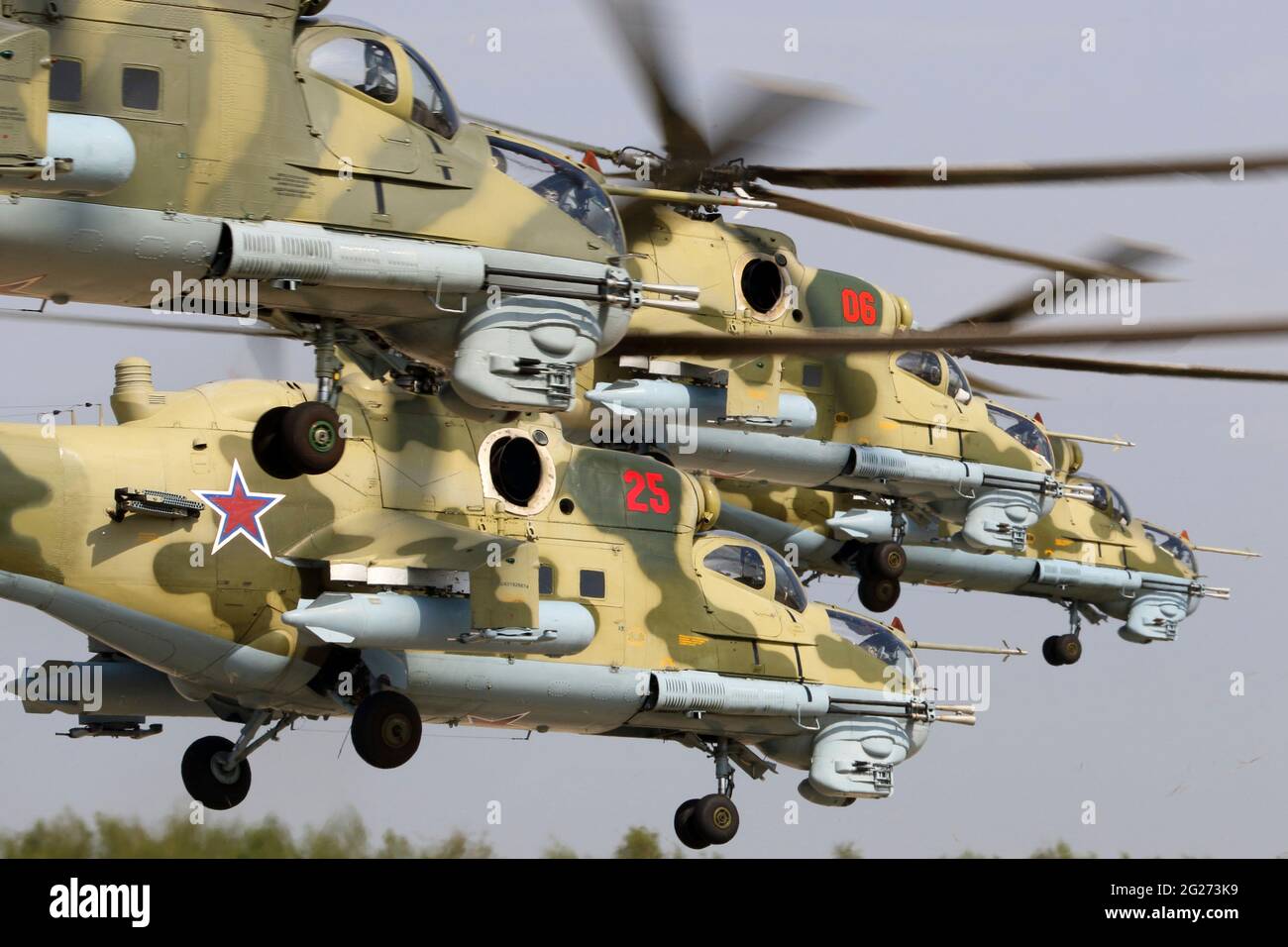 Mil Mi-24P attack helicopters of the Russian Air Force taking off, Kubinka, Russia Stock Photo ...