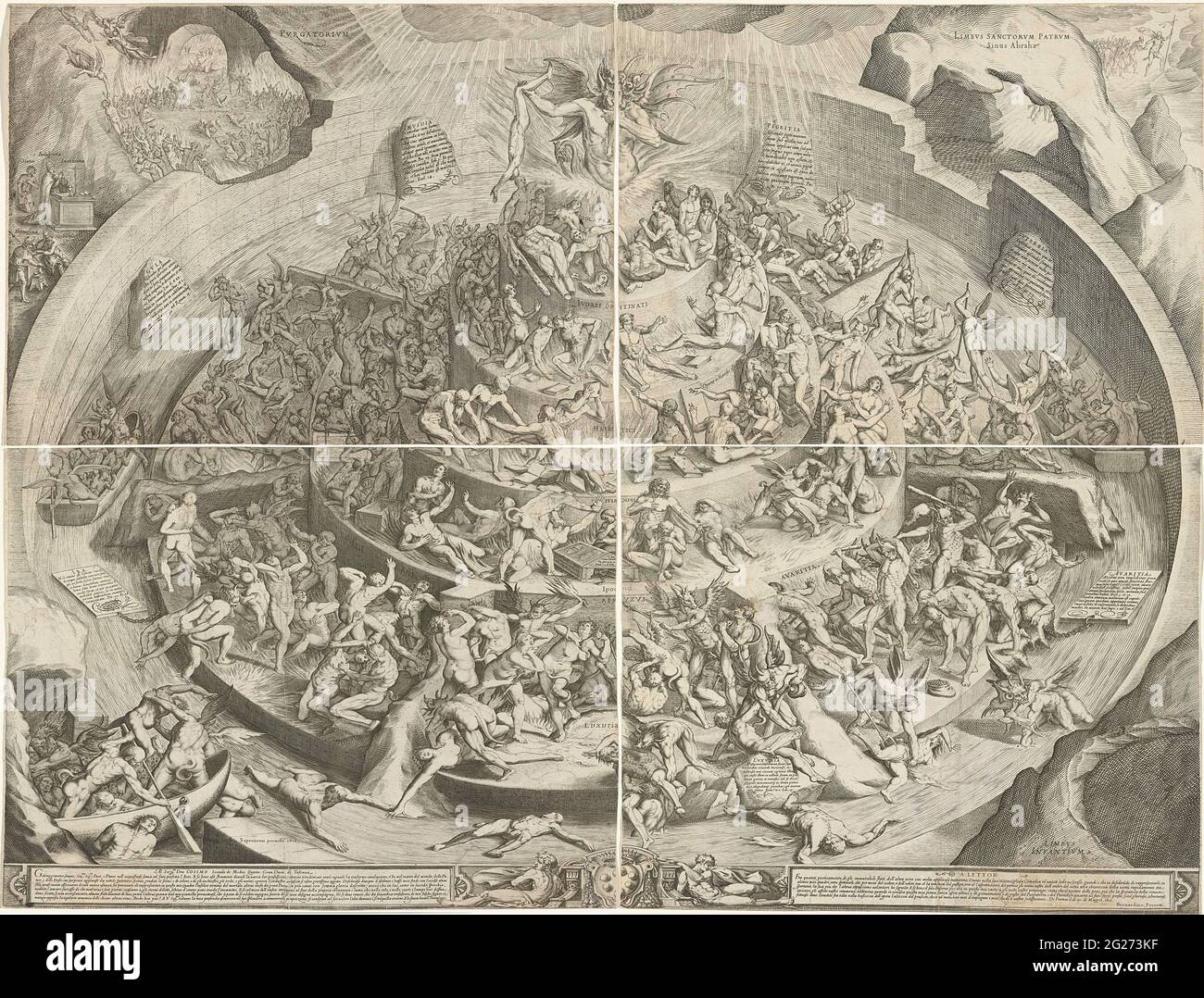 Hell and purgatory. Presentation of hell as a fenced, cascading pyramid ...