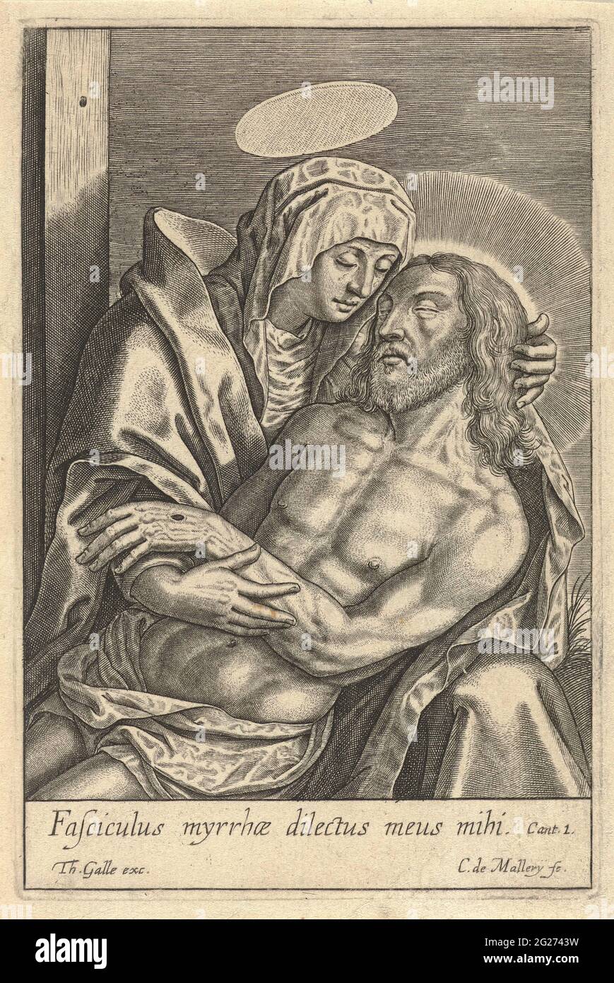 Pieta. Maria pretending the dead Christ, who lies on her lap. Left part of the cross. Under the ...