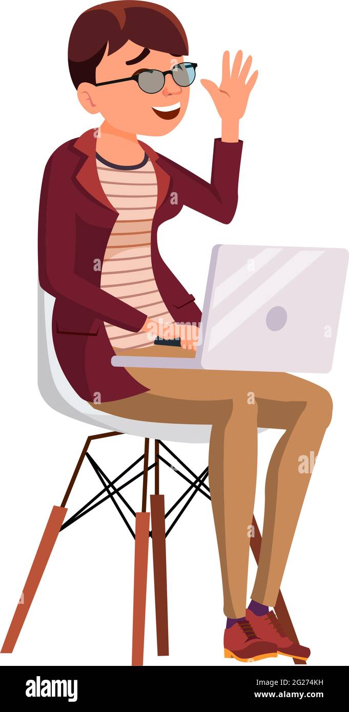 cute woman laughing from humor story on laptop cartoon vector Stock ...