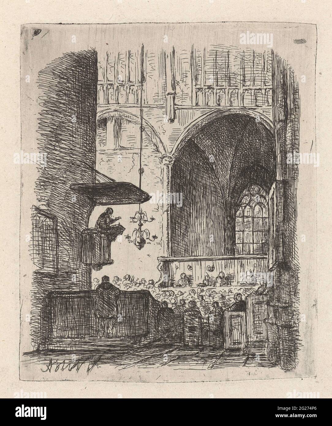 Church interior with church service. A church interior, where a ...