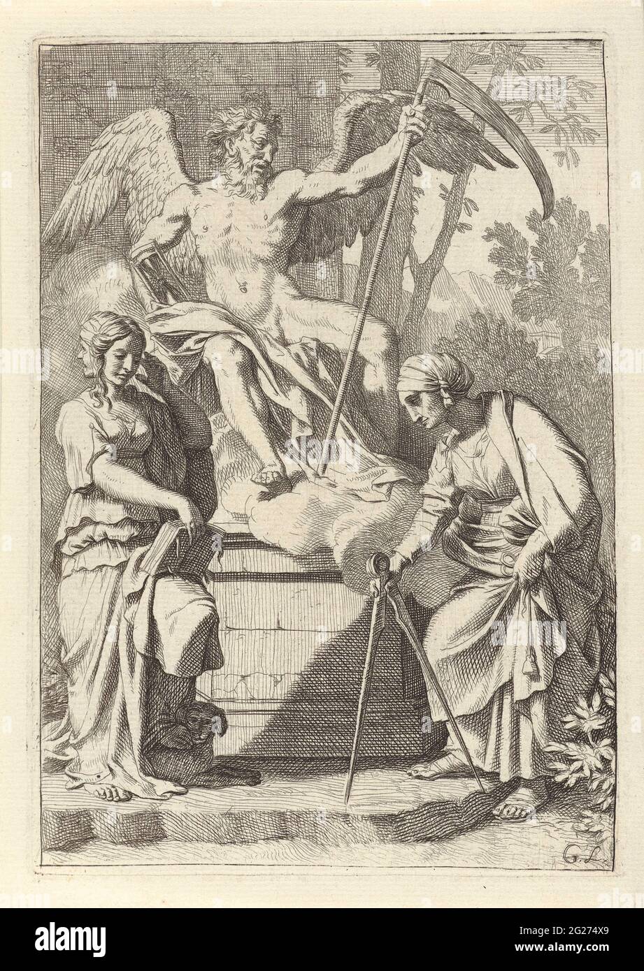 Father time flanked by memory and practice. Father time stands with a ...