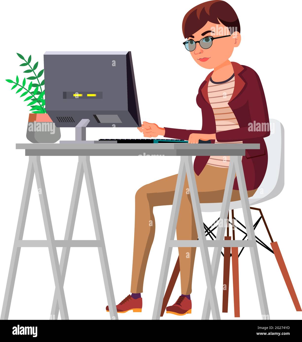 serious caucasian woman typing message on computer cartoon vector Stock ...