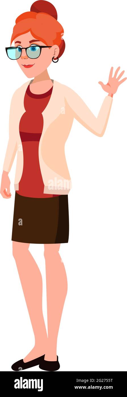 redhead woman teacher greeting pupils at school cartoon vector Stock ...