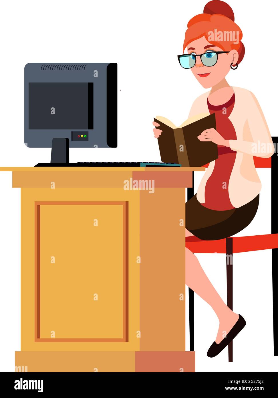 smart woman reading education book at workspace cartoon vector Stock ...