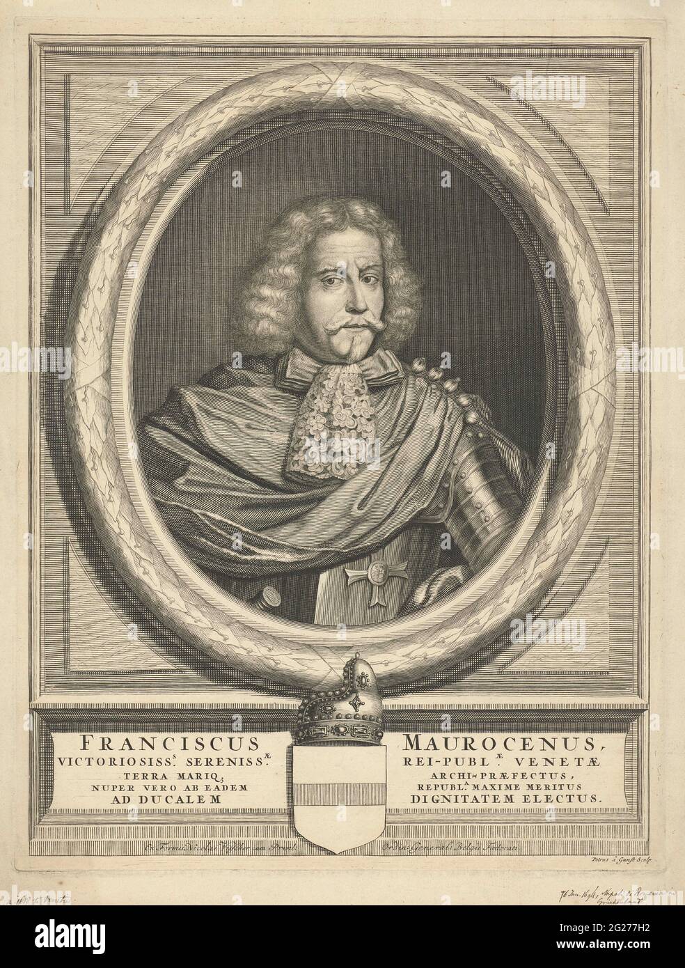 Portrait of Doge Francesco Morosini. Francesco Morosini, Doge from Venice. Under the portrait ...