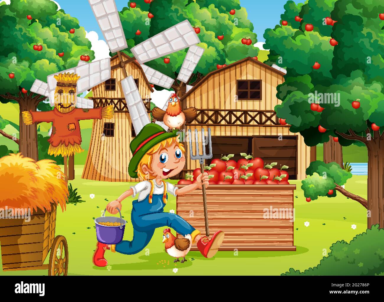 Farm scene with farmer boy cartoon character illustration Stock Vector ...