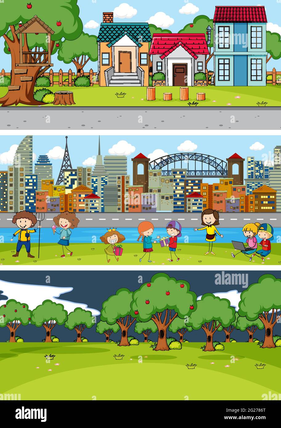 Set of different horizontal scenes background with doodle kids cartoon ...
