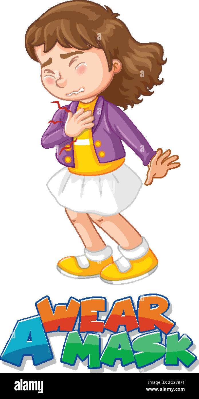 Wear a mask cartoon font with a girl feel sick character isolated on ...