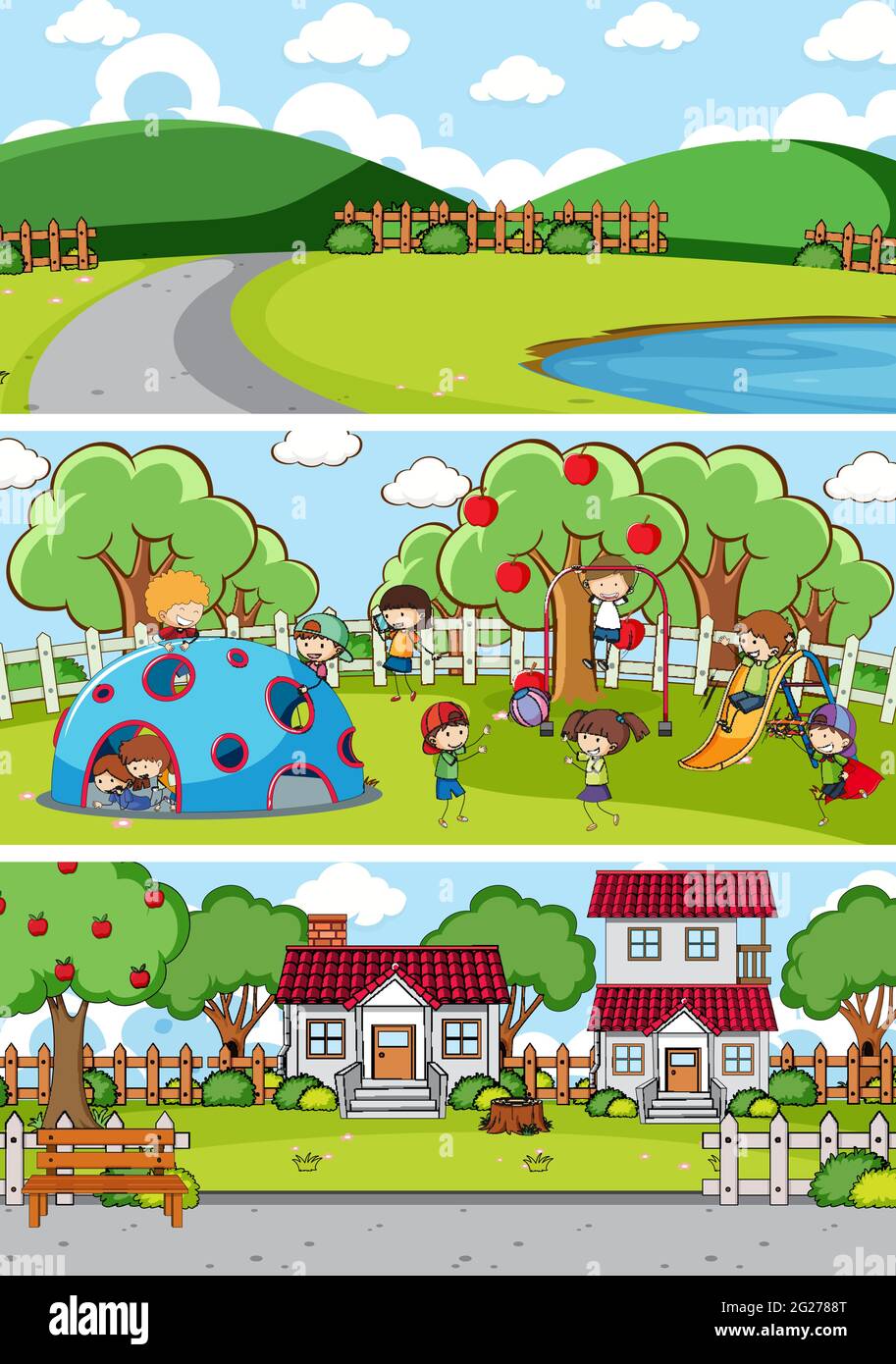 Set of different horizontal scenes background with doodle kids cartoon ...