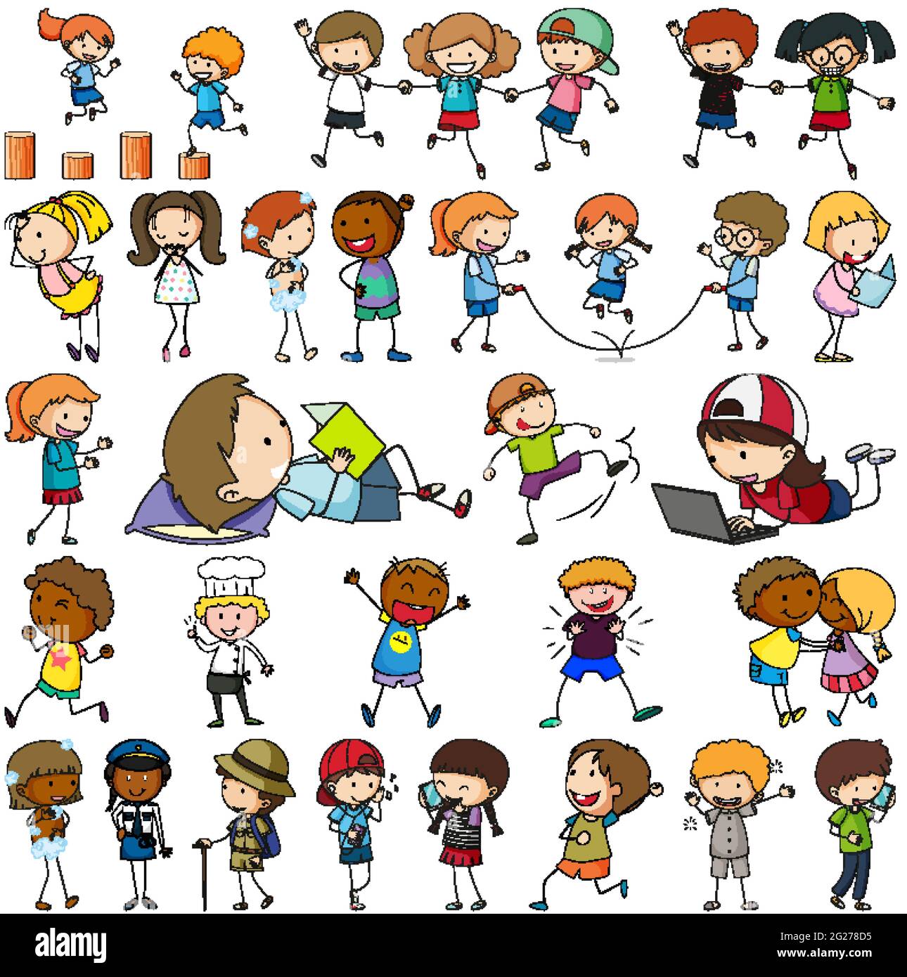 Set of different doodle kids cartoon character illustration Stock ...