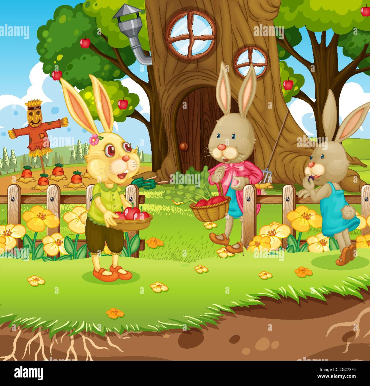 Outdoor scene with happy rabbit family in the garden illustration Stock ...