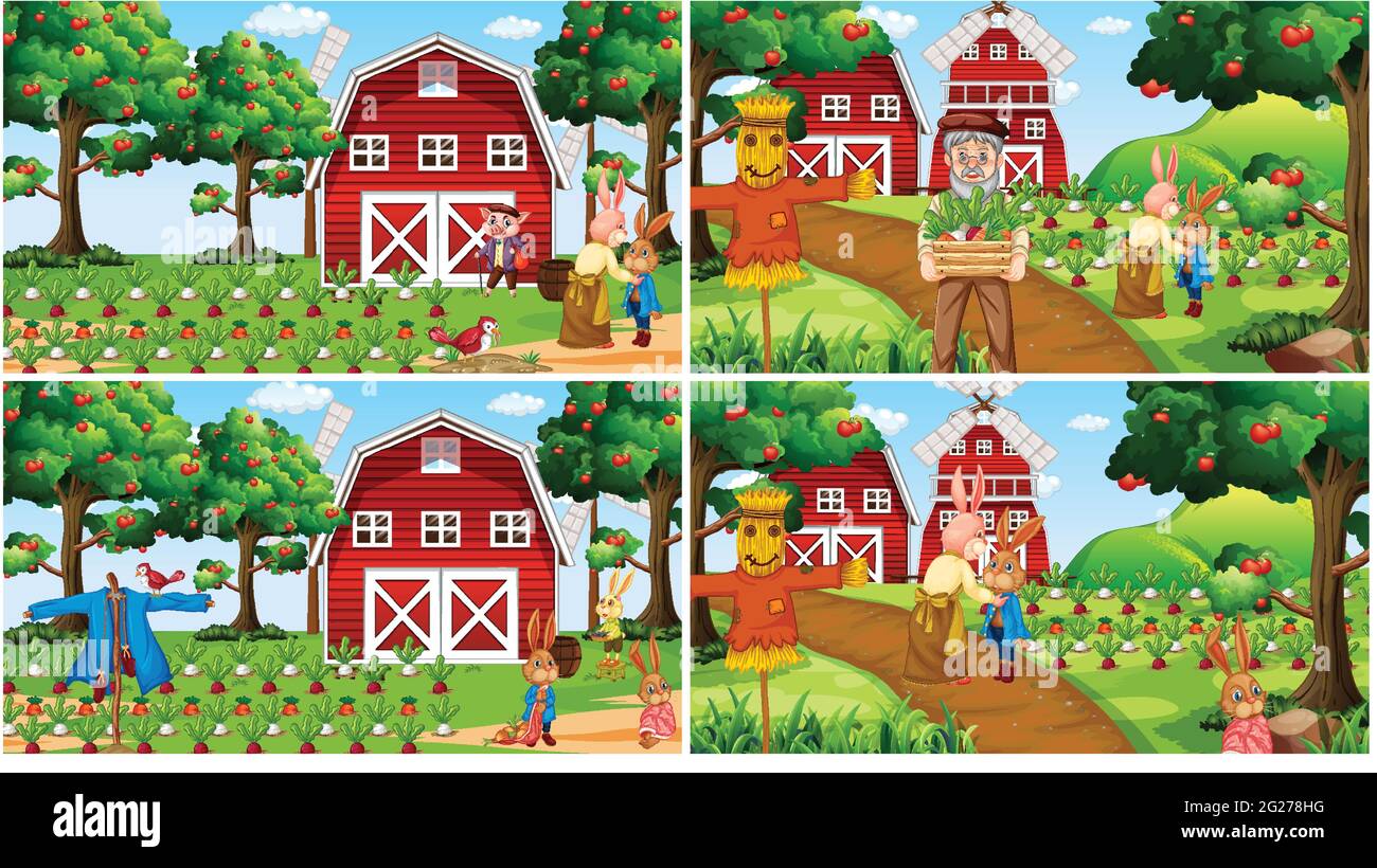 Set of different farm scene at daytime illustration Stock Vector Image ...
